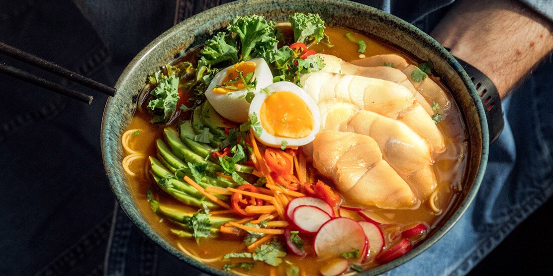 Norwegian cod with ramen, vegteables and egg | Seafood from Norway